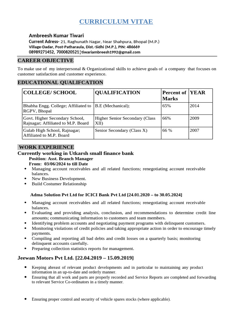 Ambreesh Kumar Tiwari CV | PDF | Business