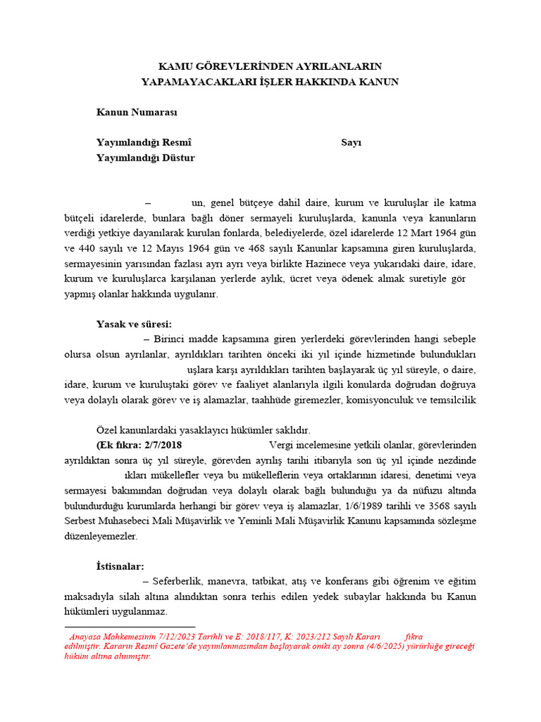 Kamu Gorevlerinden Ayrilanlarin Yapamayacaklari Isler Hakkinda Kanun | PDF