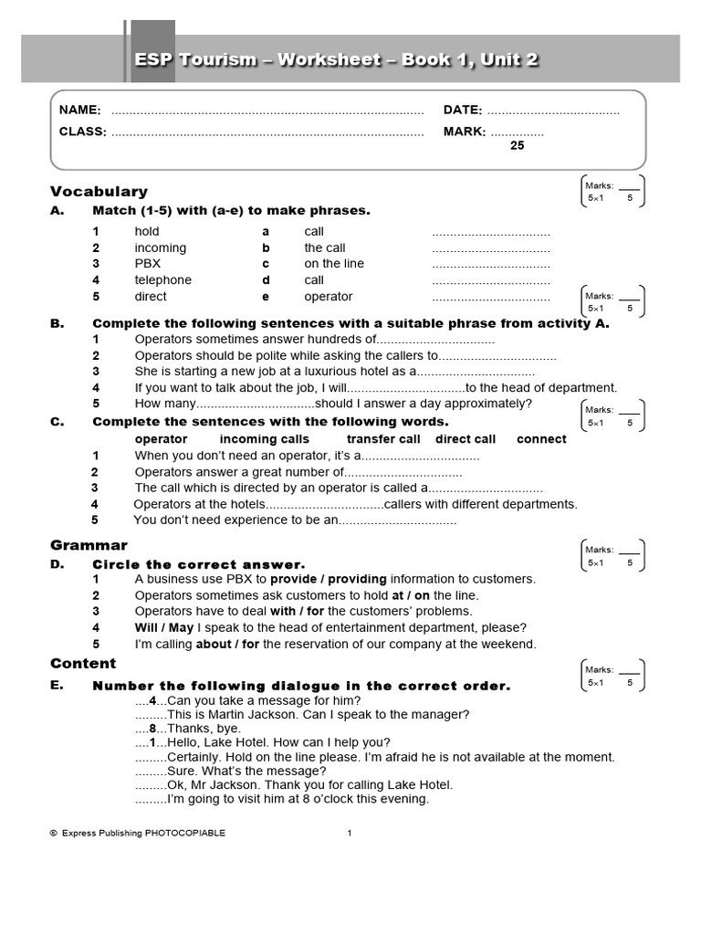 ESP Tourism Worksheet: Unit 2 Vocabulary | PDF | Syntax | Human ...
