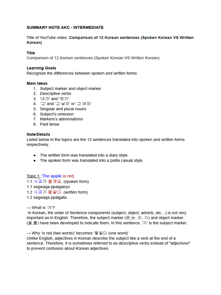 Korean Sentence Comparison: Spoken vs Written | PDF | Subject (Grammar ...