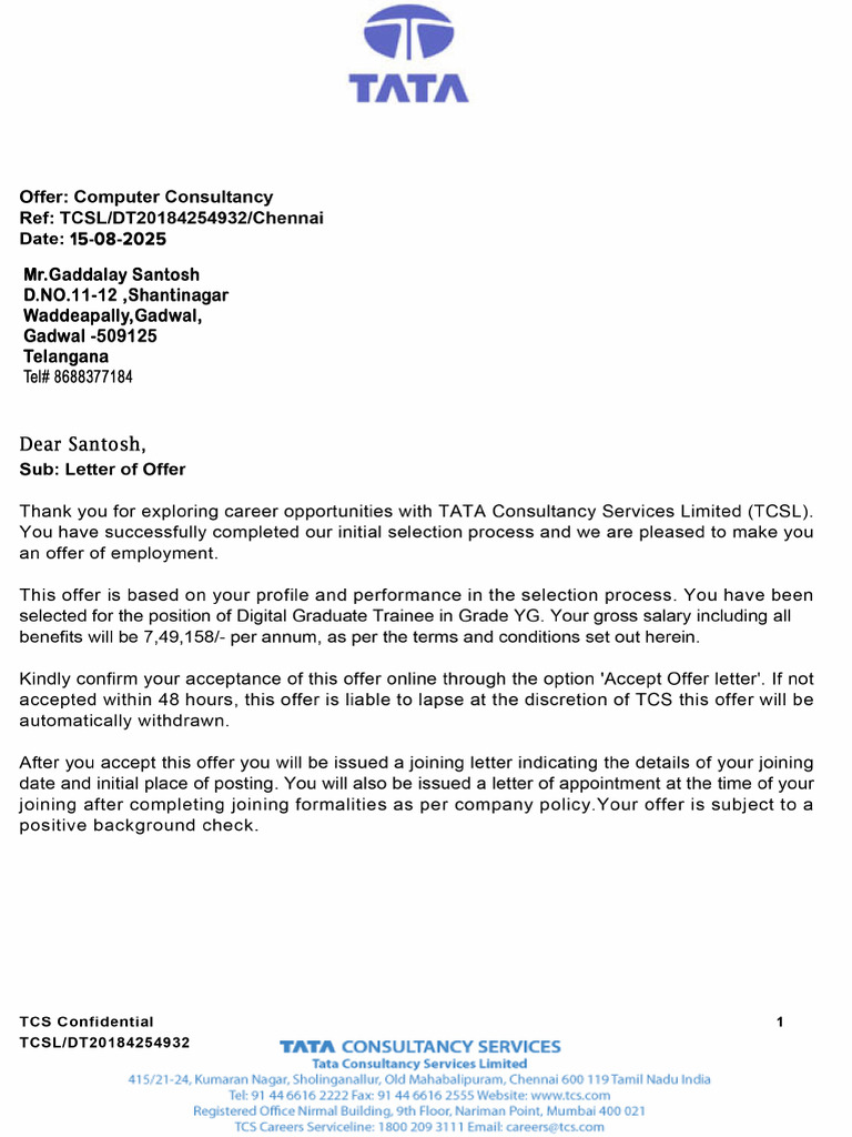 Tcs Digital Offer Letter 1 | PDF