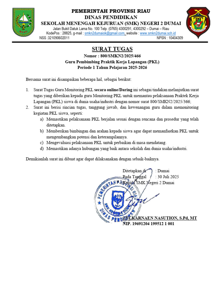 Surat Tugas Monitoring PKL SMK Dumai | PDF