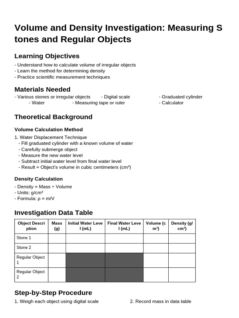 Volume and Density Investigation - Measuring Stones and Irregular ...