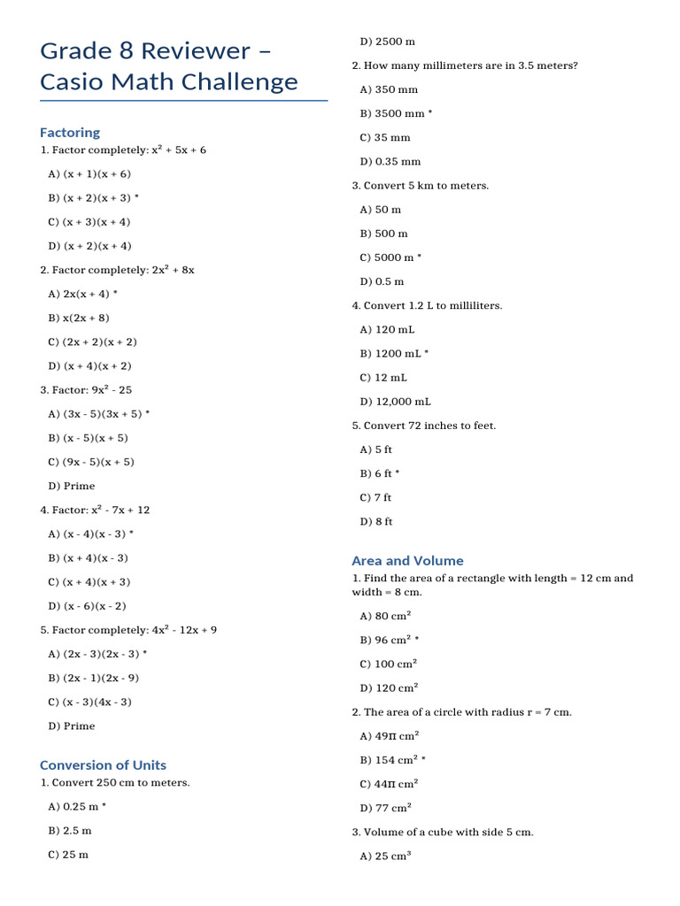 Grade 8 Math Challenge Review Guide | PDF | Area | Euclidean Geometry