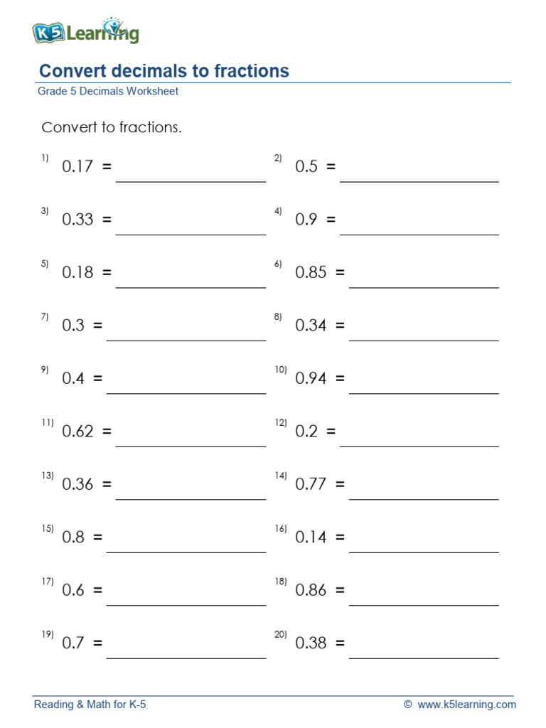 Grade 5 Decimals To Fractions No Simplify B | PDF