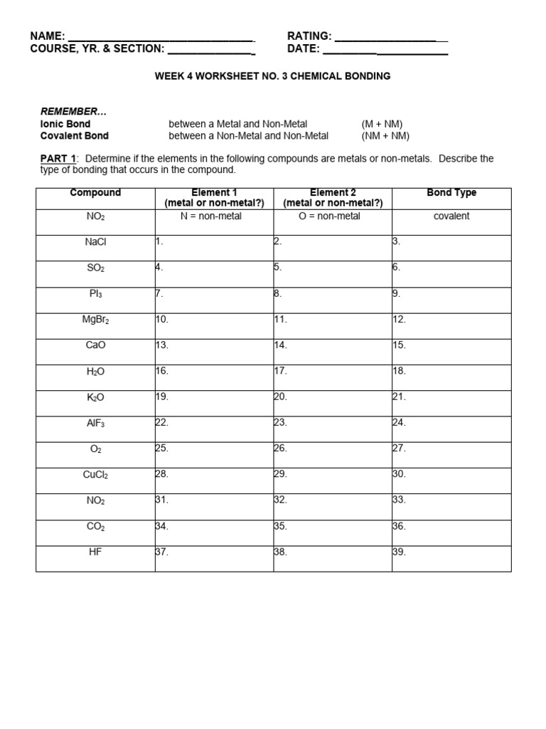 Week 4 Worksheet No. 3 Chemical Bonding(2) Copy | PDF | Chemical Bond ...