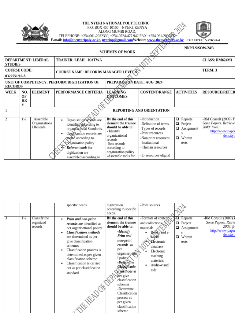 Nyeri Polytechnic Records Management SOW | PDF | Computer Data Storage ...