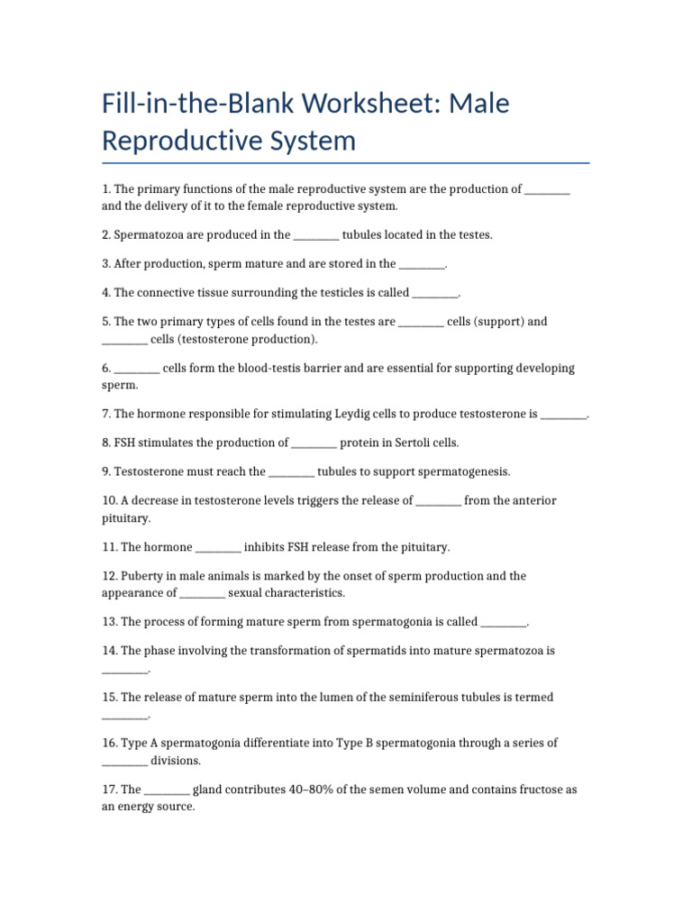 Male Reproductive System Fill in Blanks | PDF