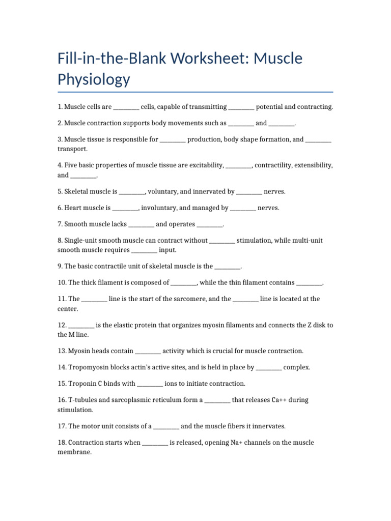 Muscle Physiology Fill in Blanks | PDF | Muscle Contraction | Skeletal ...