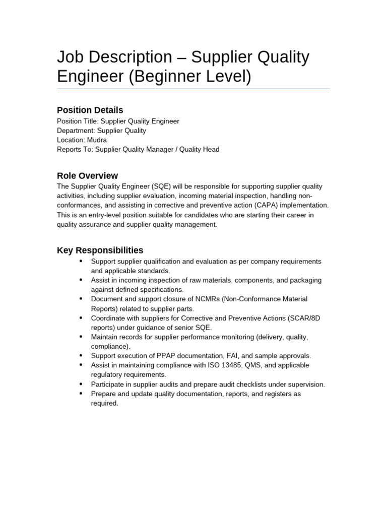 Supplier Quality Engineer Job Overview | PDF | Quality Assurance ...