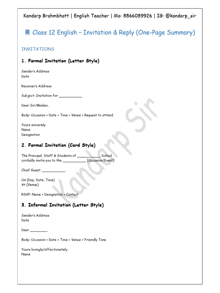Class 12 English: Invitations & Replies Guide | PDF