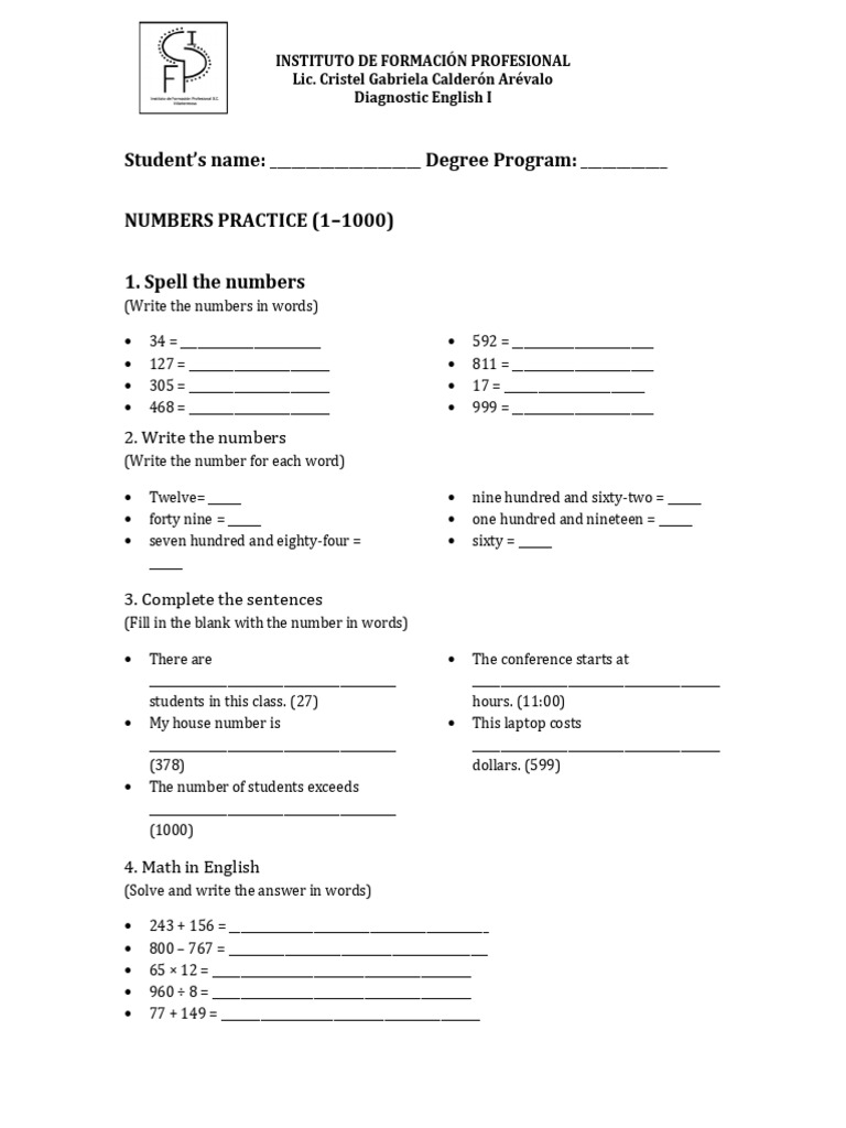 Numbers Practice Worksheet for English Learners | PDF