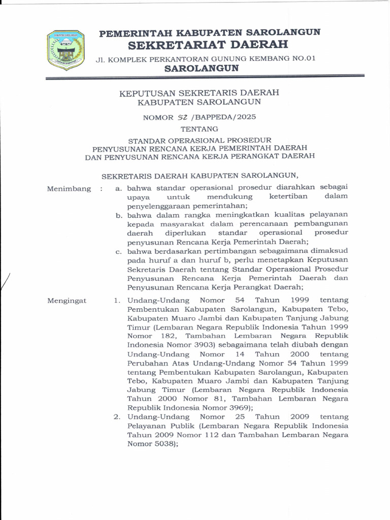SK Sekda No 52 Tahun 2025 Tentang SOP Penyusunan RKPD Dan Renja PD | PDF