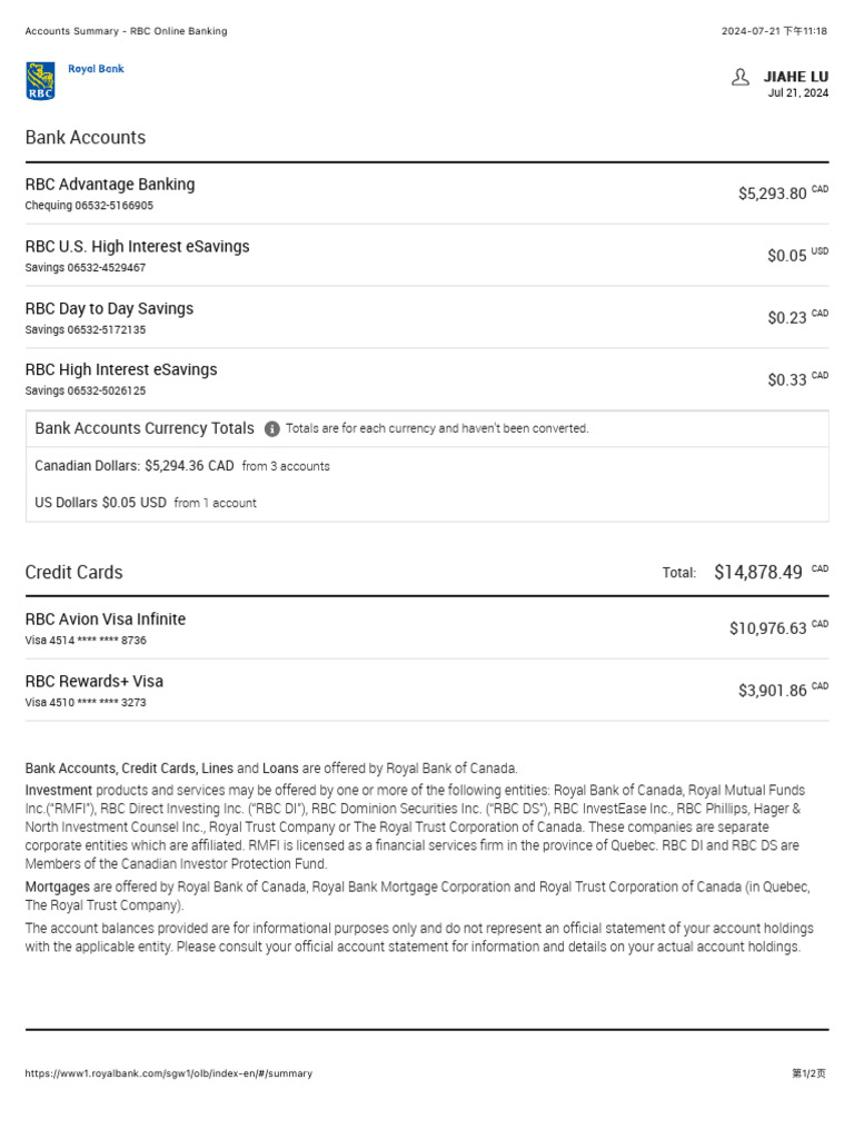 RBC Account Summary Overview | PDF | Banks | Canadian Dollar