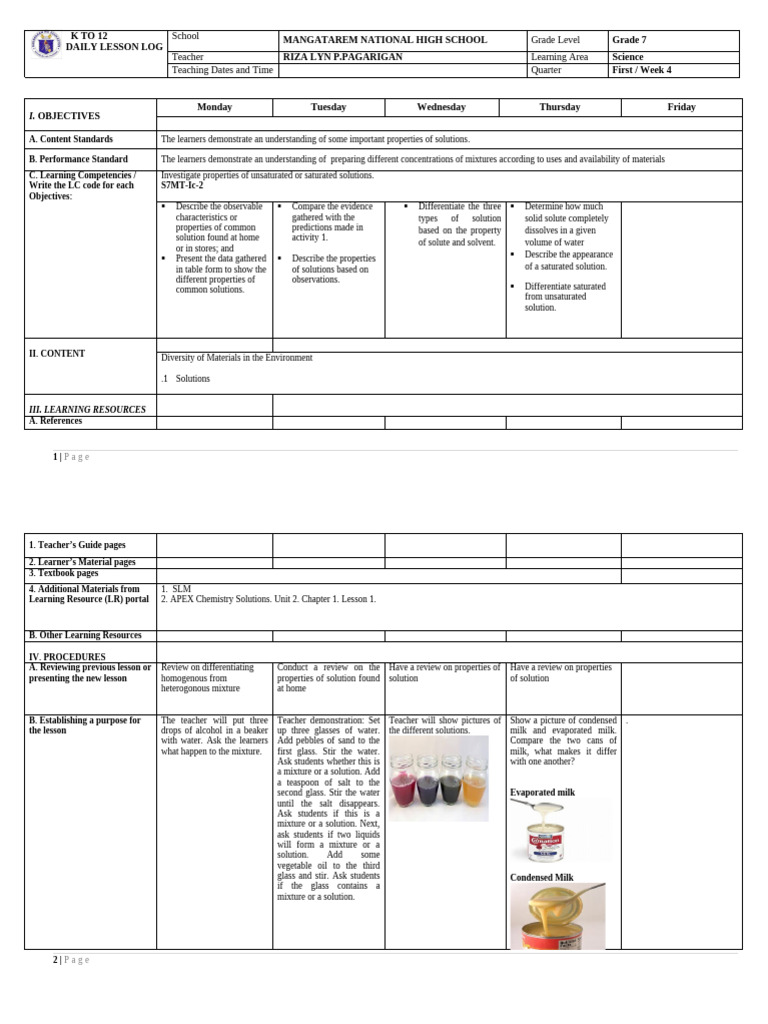 Grade 7 Science Lesson on Solutions | PDF | Mixture | Chemistry