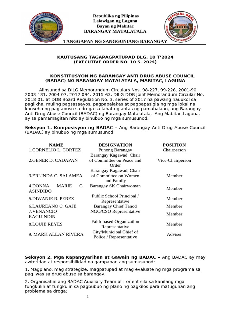 Executive Order B. 10 T' 2024 (Badac) | PDF