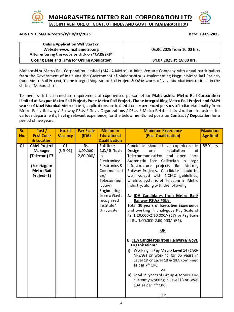 MAHA Metro Notification 2025 | PDF | Rapid Transit | Rail Transport
