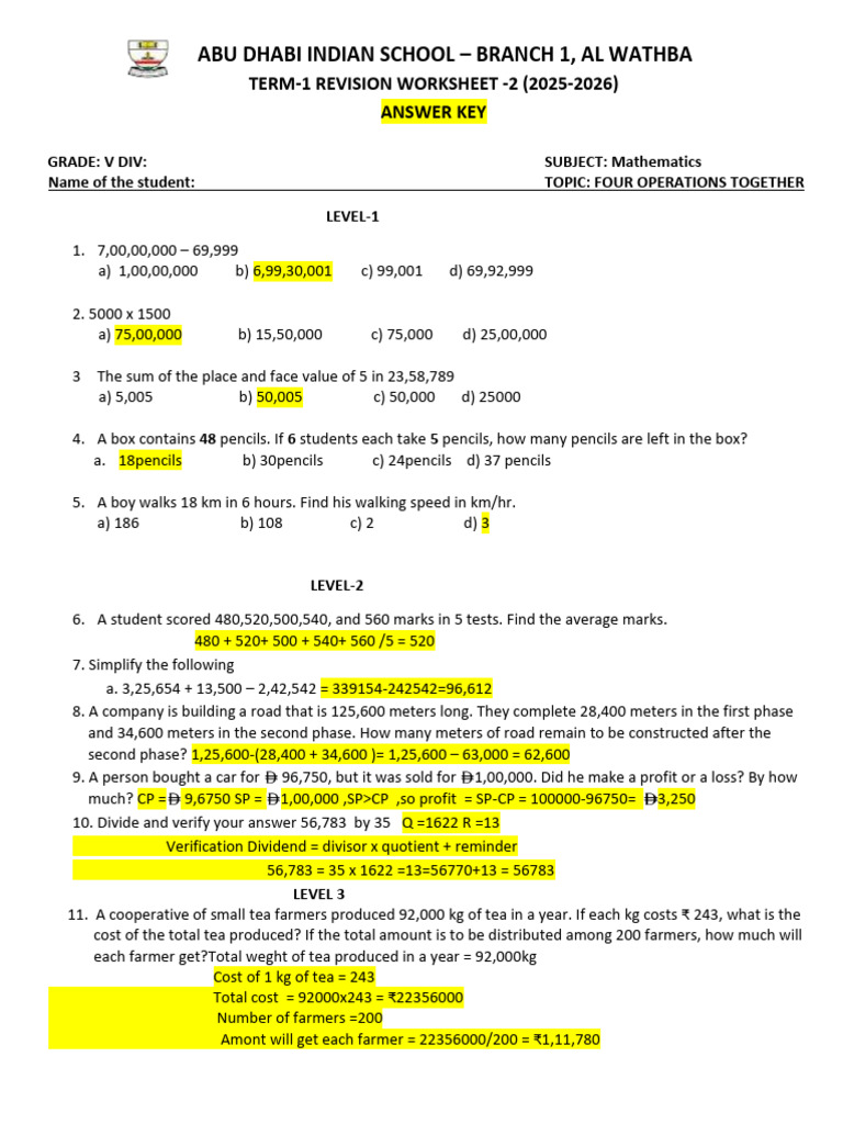 Grade 5 Revision Worksheet - 2 2025-2026 ANSWER KEY | PDF