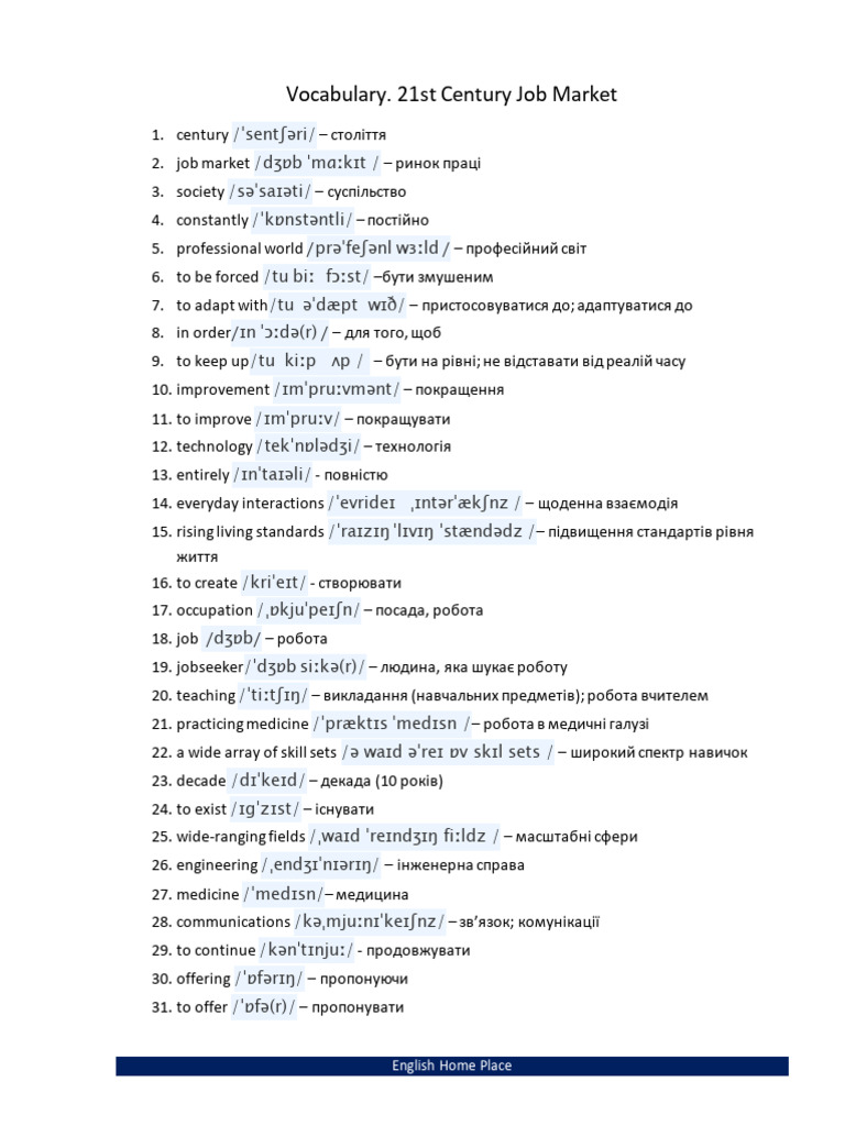 Vocabulary. 21st Century Job Market 1 | PDF