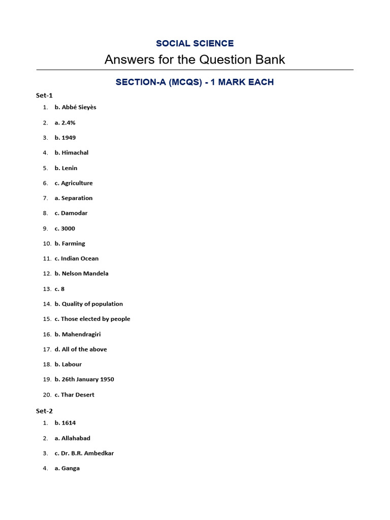 Social Science Question Bank Answers | PDF | Agriculture | Democracy