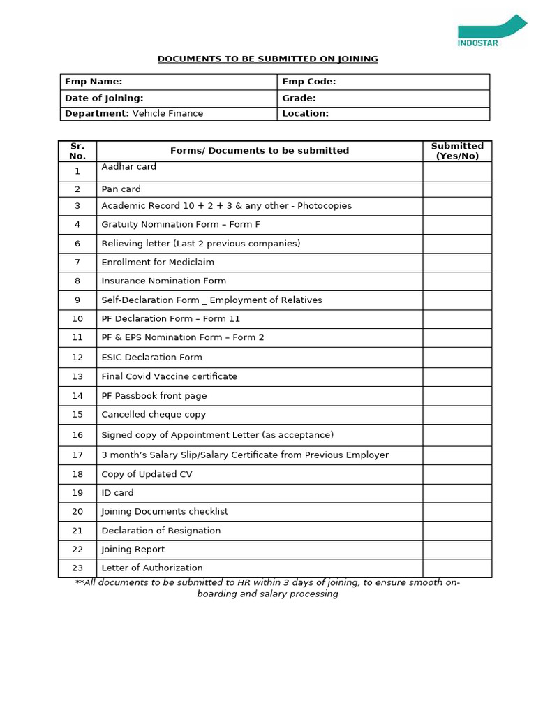 New Employee Joining Documents Checklist | PDF