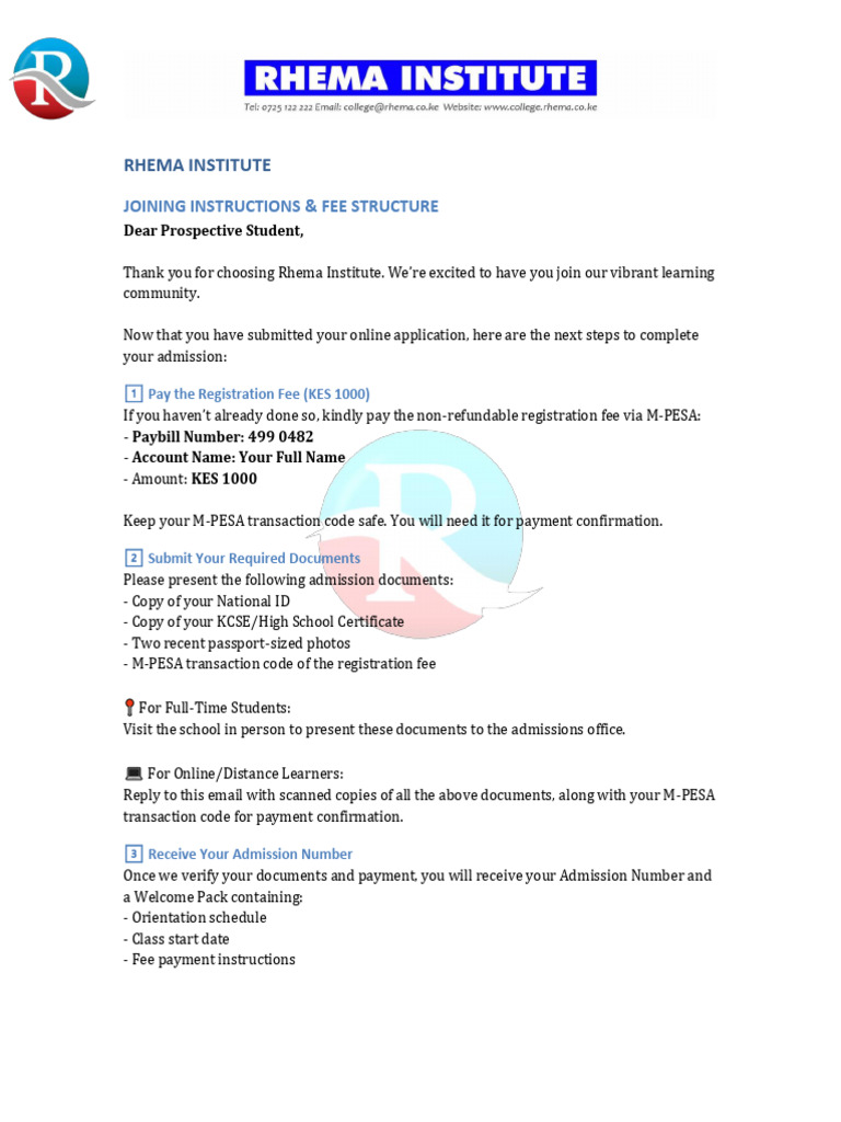 Rhema Institute Fee Structure Guide | PDF