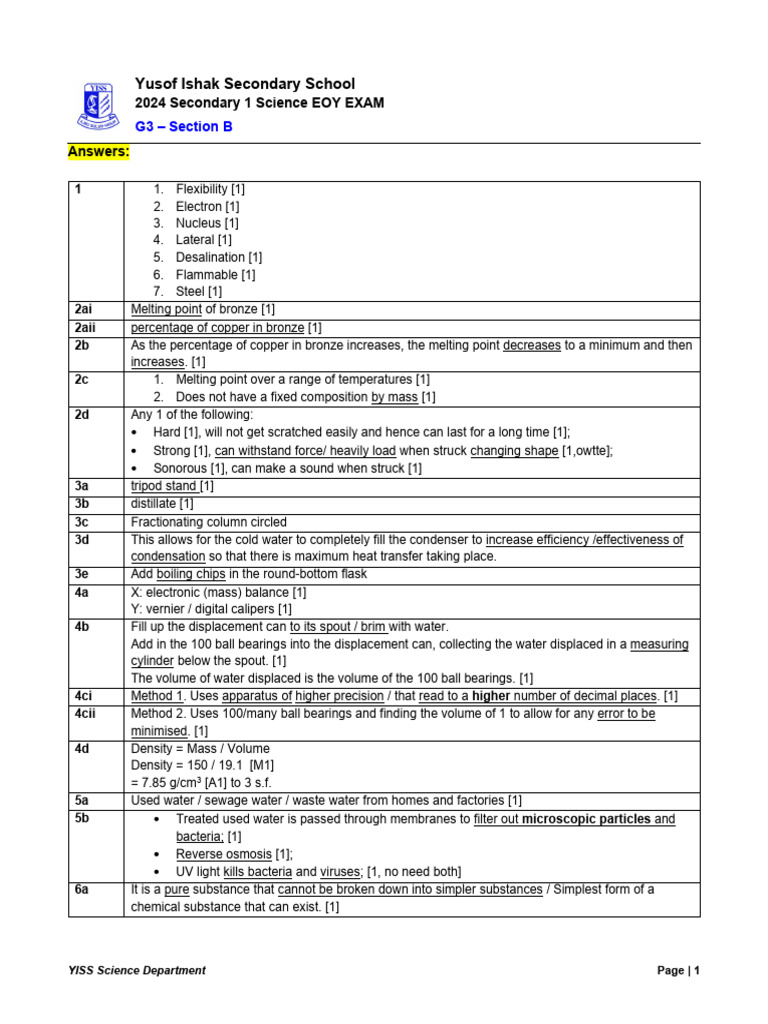 2024 Secondary 1 Science EOY Exam Answers | PDF | Atoms | Applied And ...