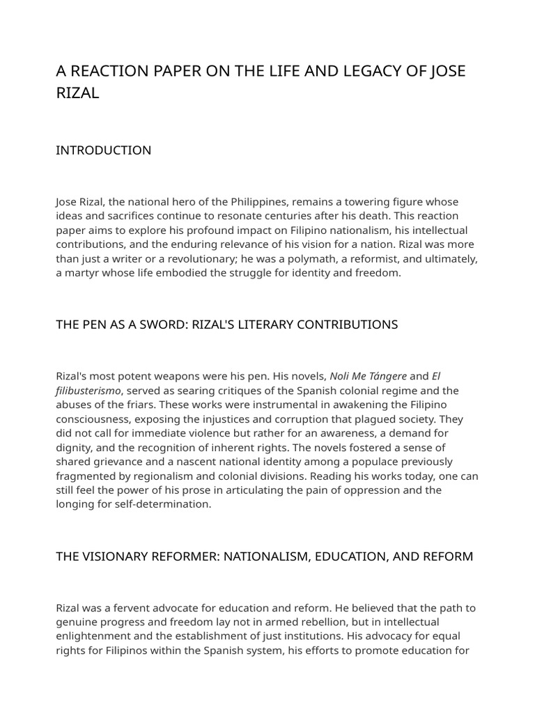 Reaction Paper On Jose Rizal | PDF