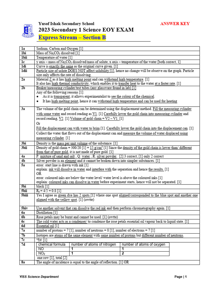 2023 Secondary 1 Science EOY Exam Key | PDF | Water | Atoms