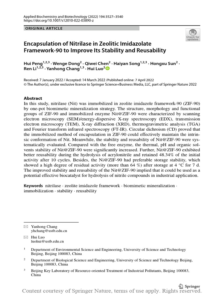 Encapsulation of Nitrilase in Zeolitic Imidazolate | PDF | Applied And ...