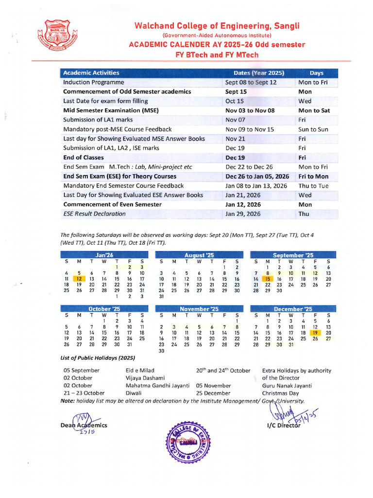 FY BTech-MTech Academic Calender Odd Sem-25.26 | PDF
