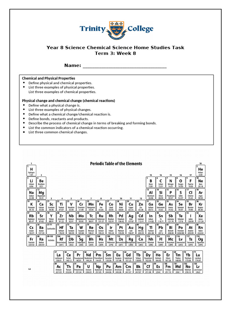 Year 8 Chemistry HS Term 3 Week 8 2025 | PDF | Chemistry | Chemical ...
