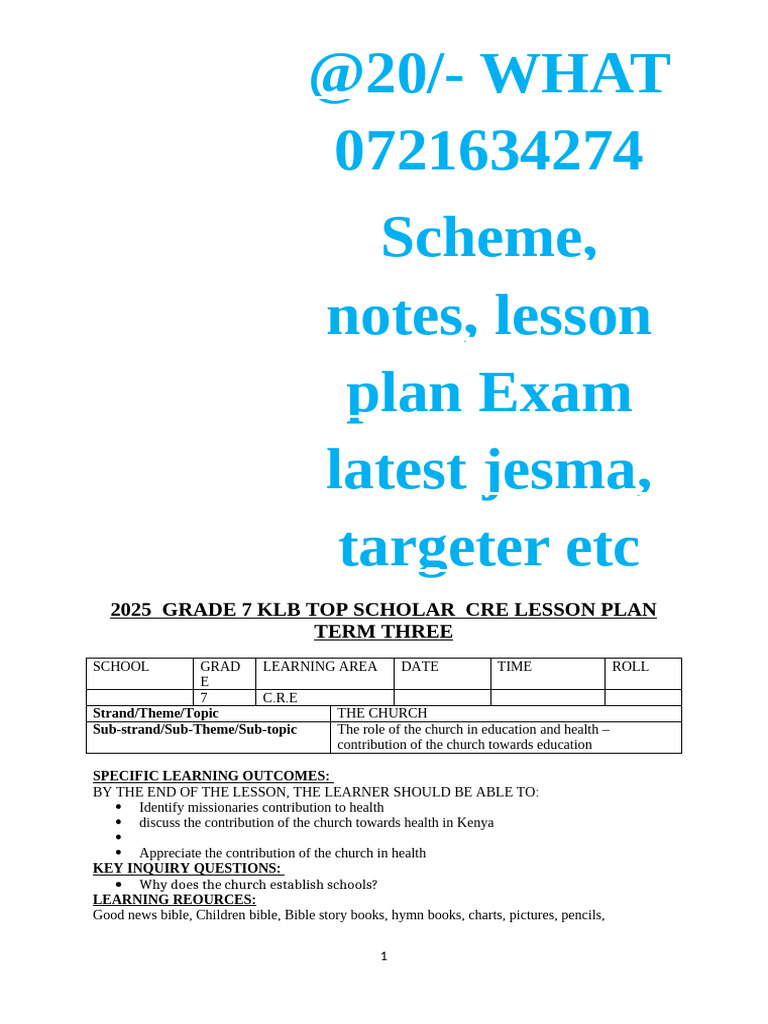 Grade 7 CRE Lesson Plans on Church Roles | PDF | Bible | Learning