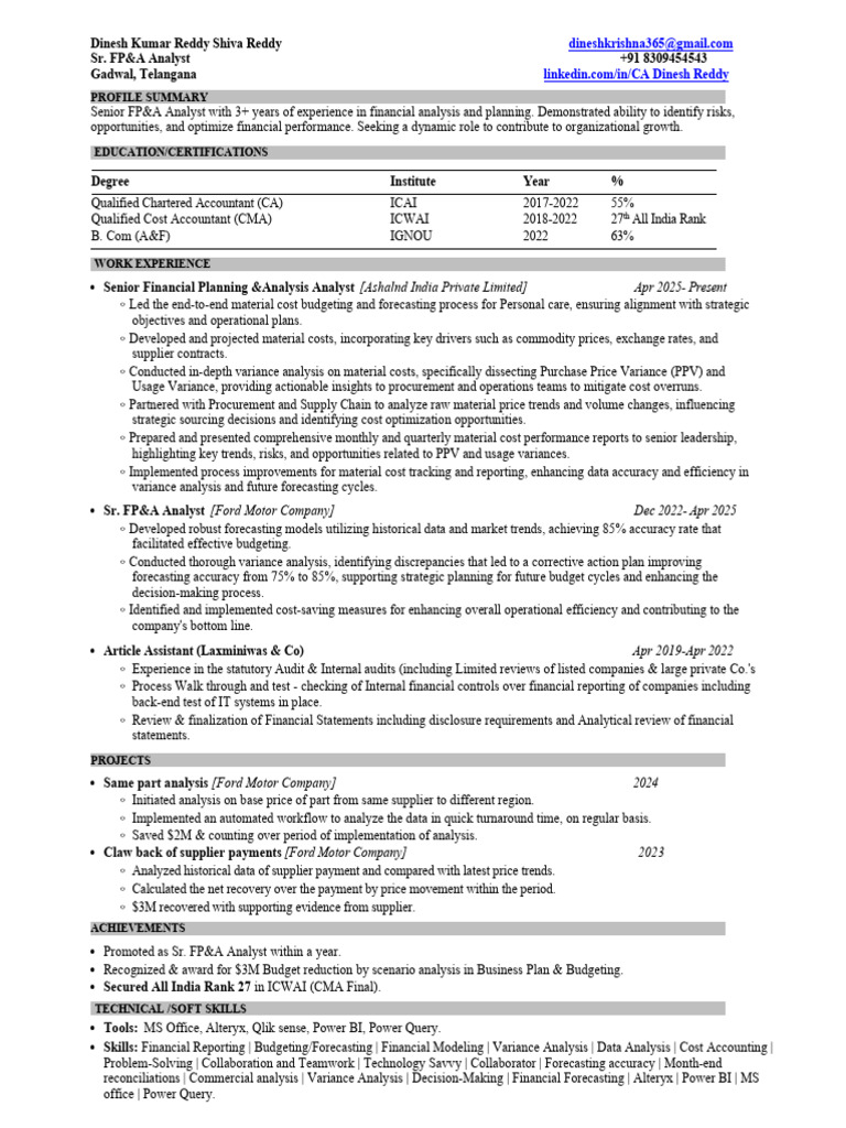 CA CMA Dinesh Reddy - Resume | PDF | Forecasting | Procurement
