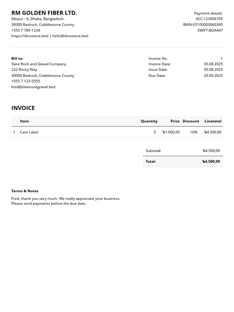 Invoice for Care Labels from RM Golden Fiber | PDF