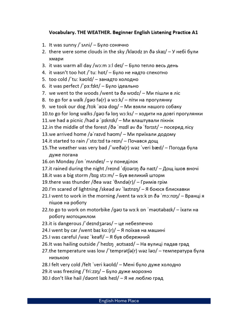 Voc. the WEATHER. Beginner English Listening Practice A1 | PDF