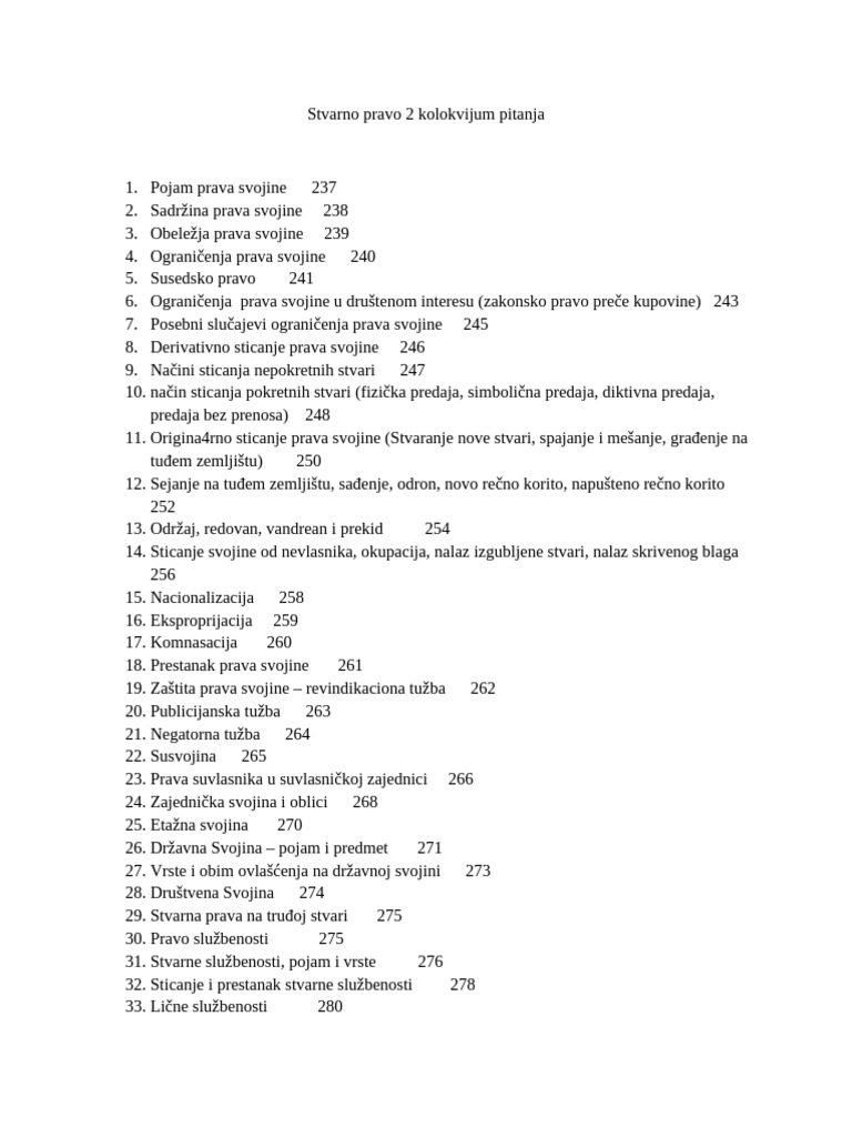 Stvarno Pravo 2 Kolokvijum Pitanja | PDF