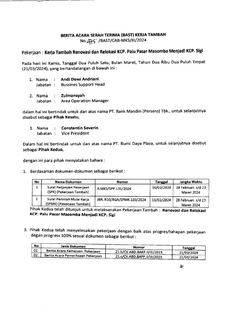 Invoice, BAST, BAKP Dan BAPP Kerja Tambah Sigi | PDF