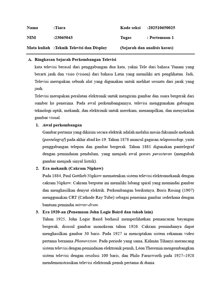 Tiara - Tugas Pertemuan 1 - Teknik Televisi Dan Display. | PDF