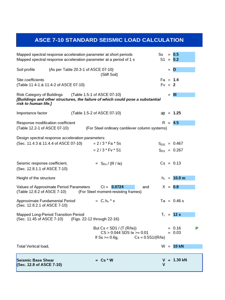 ASCE 7-10 Standard Seismic Load Calculation | PDF | Applied And Interdisciplinary Physics