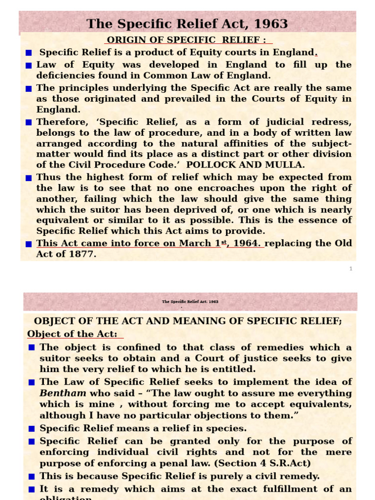 The Specific Relief Act, 1963. (1-49 SLIDES) | PDF | Equity (Law ...