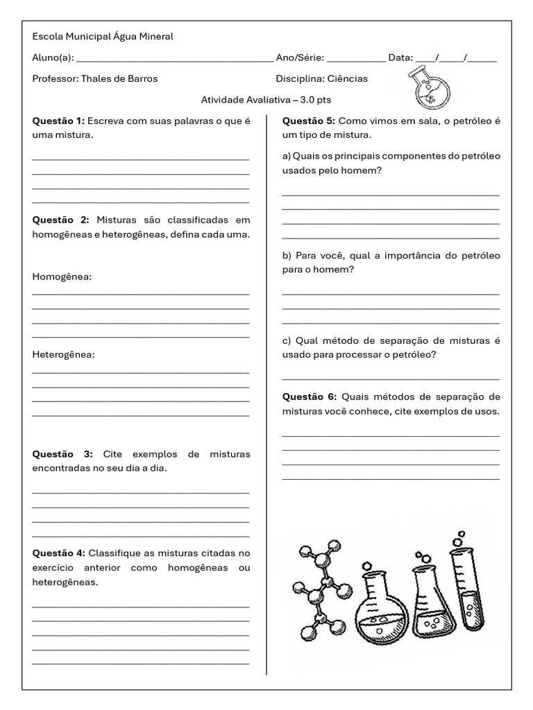 Prova 1 Cien 6 ano | PDF | Mistura | Química