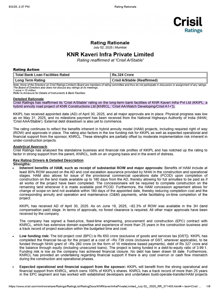 Crisil Rating - KNR Kaveri Infra PVT LTD - Jul 2025 | PDF | Debt | Damages