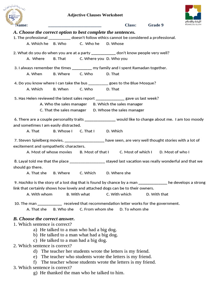 Grade 9 Adjective Clauses Worksheet | PDF