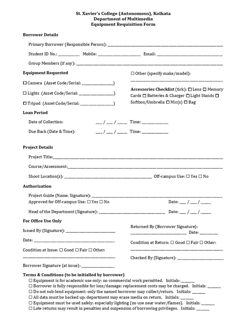 St. Xavier's College Equipment Request Form | PDF