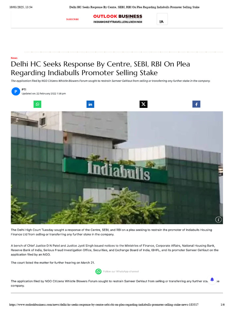 Delhi HC Seeks Response on Indiabulls Stake Sale | PDF