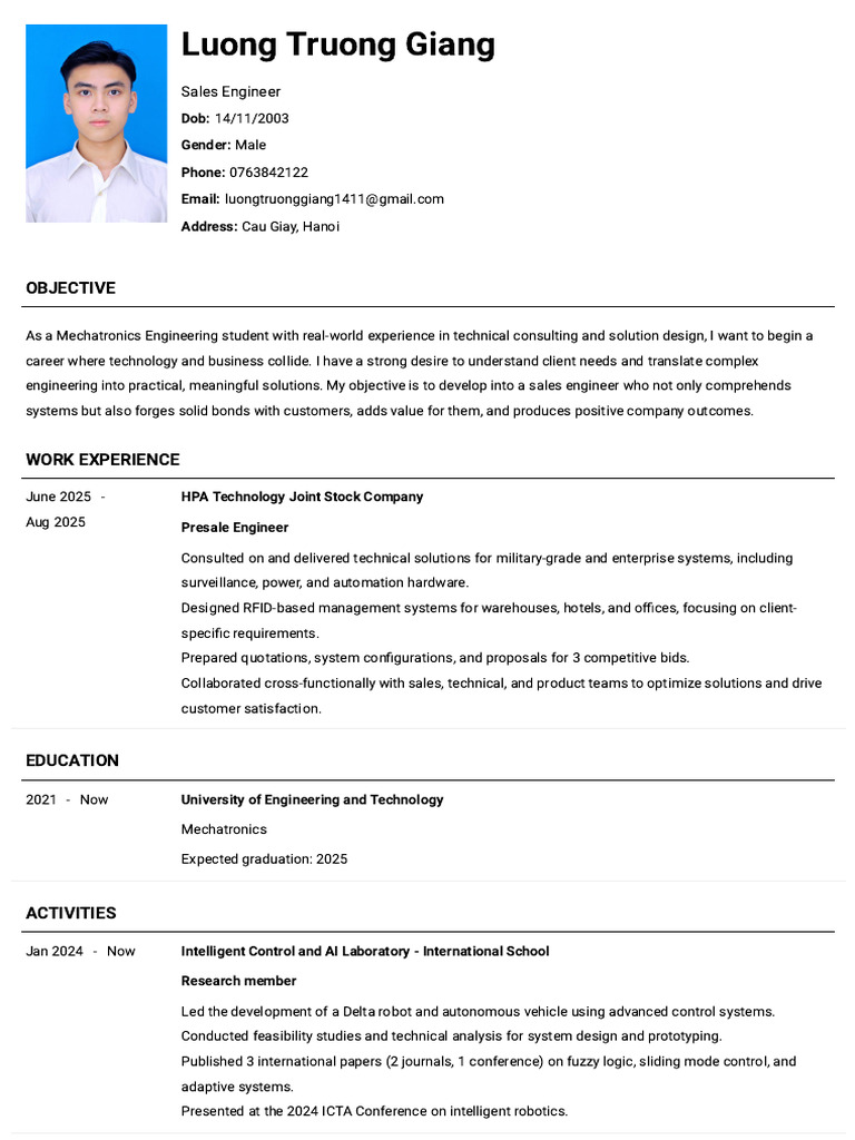 Mechatronics Engineering Resume of Luong Giang | PDF | Engineering ...
