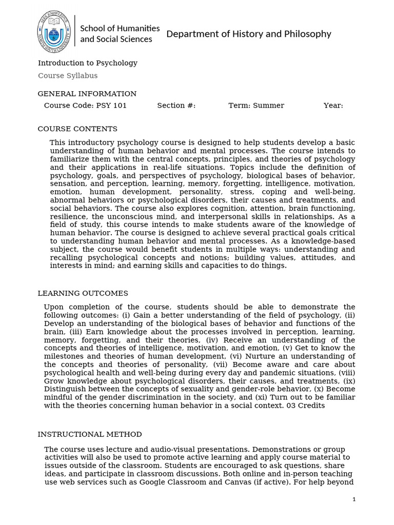 PSY101 - Introduction To Psychology Course Outline of The Coordinator 5 ...