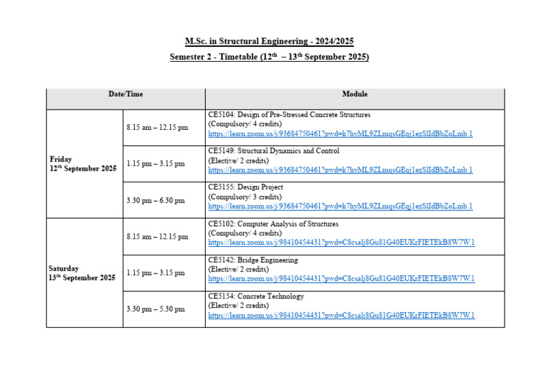 M.Sc. Structural Engineering Timetable 2025 | PDF