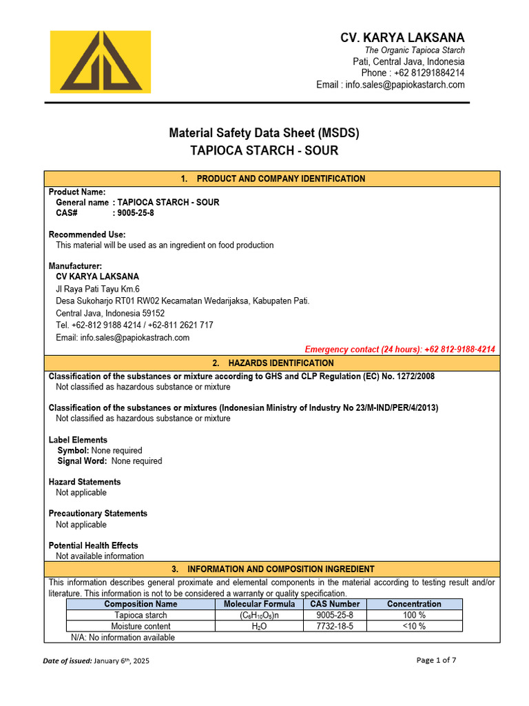 Msds Tapioca Starch Sour - 2025 | PDF | Waste | Dangerous Goods